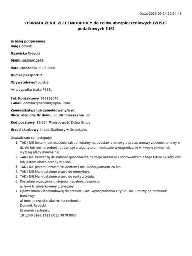 Oswiadczenie Zus | PDF