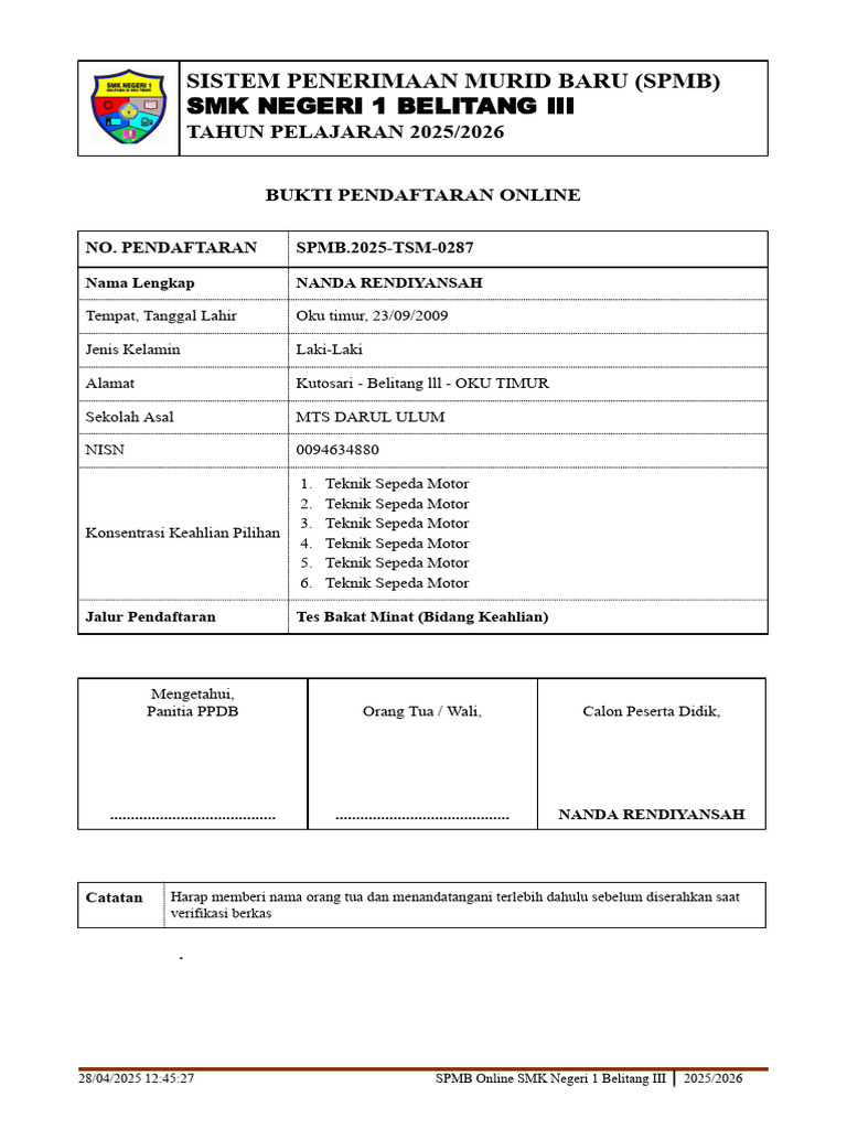 Bukti Pendaftaran Online 2025 SPMB.2025-TSM-0287 - NANDA RENDIYANSAH | PDF