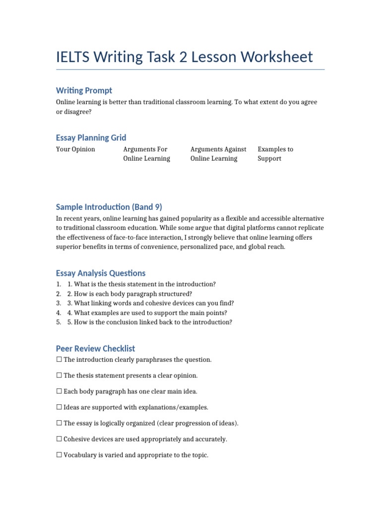 IELTS Writing Task2 Lesson Worksheet | PDF