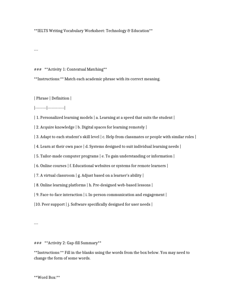 IELTS Vocabulary Worksheet | PDF | Educational Technology | Learning