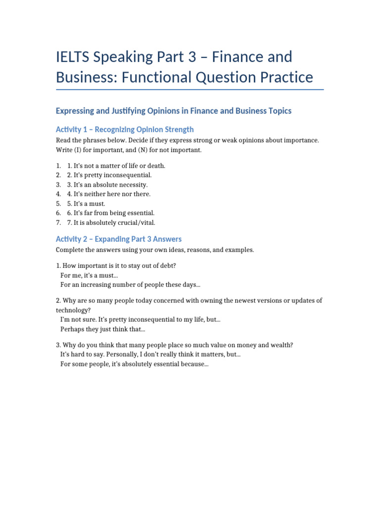 IELTS Speaking Finance With Opinion Activities | PDF
