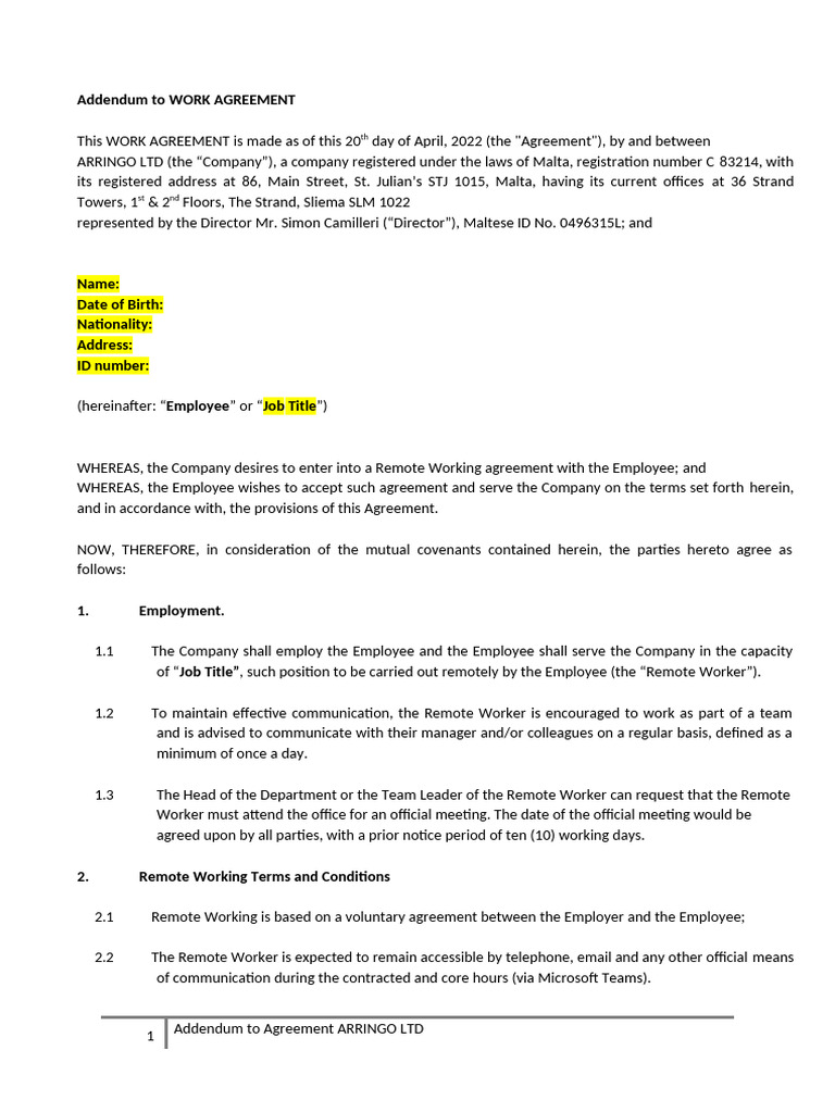 Remote Clause Addendum To Work Agreement Template | PDF | Employment ...