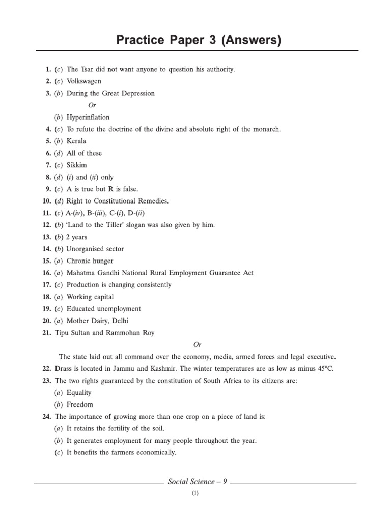 Cbse Cl9 Together With Sst Answers to Practice Paper 3 | PDF