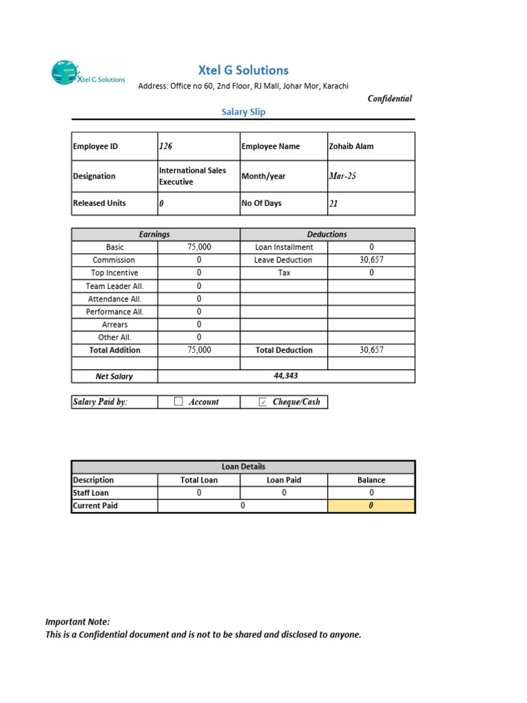 Zohaib Payslip FMO March - 25 | PDF