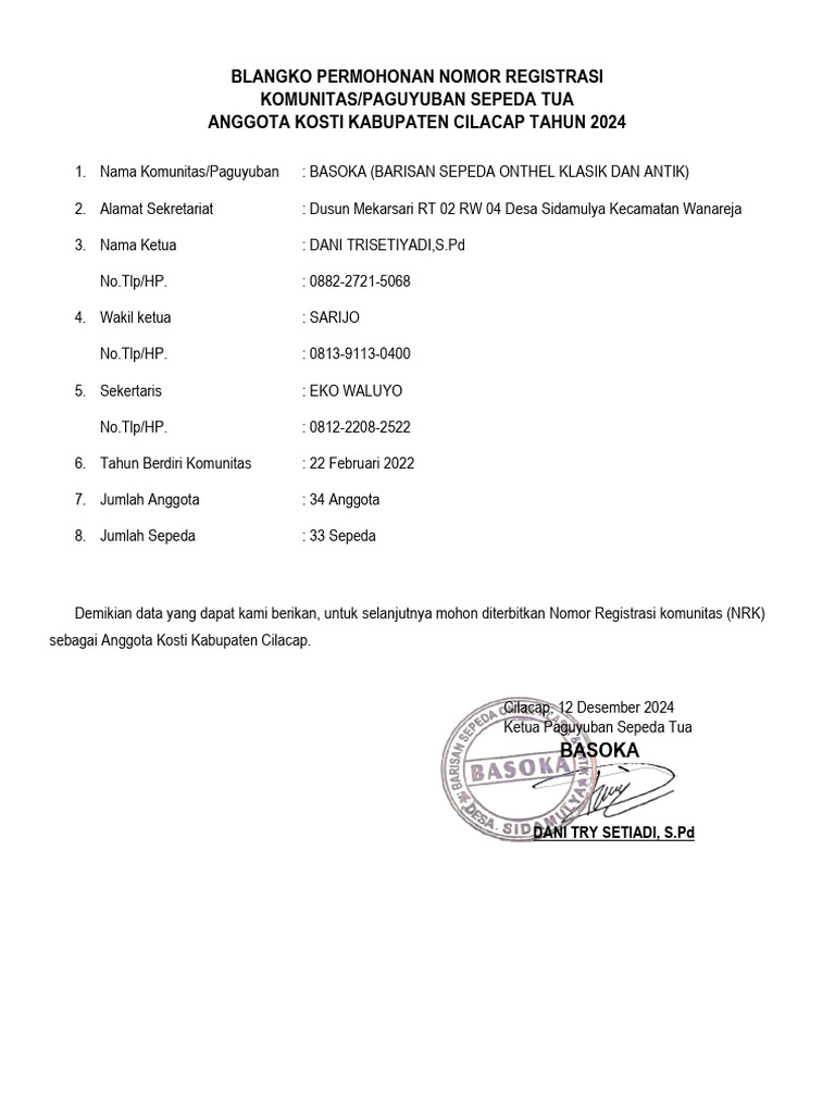 Blangko Permohonan Nomor Registrasi - Basoka | PDF