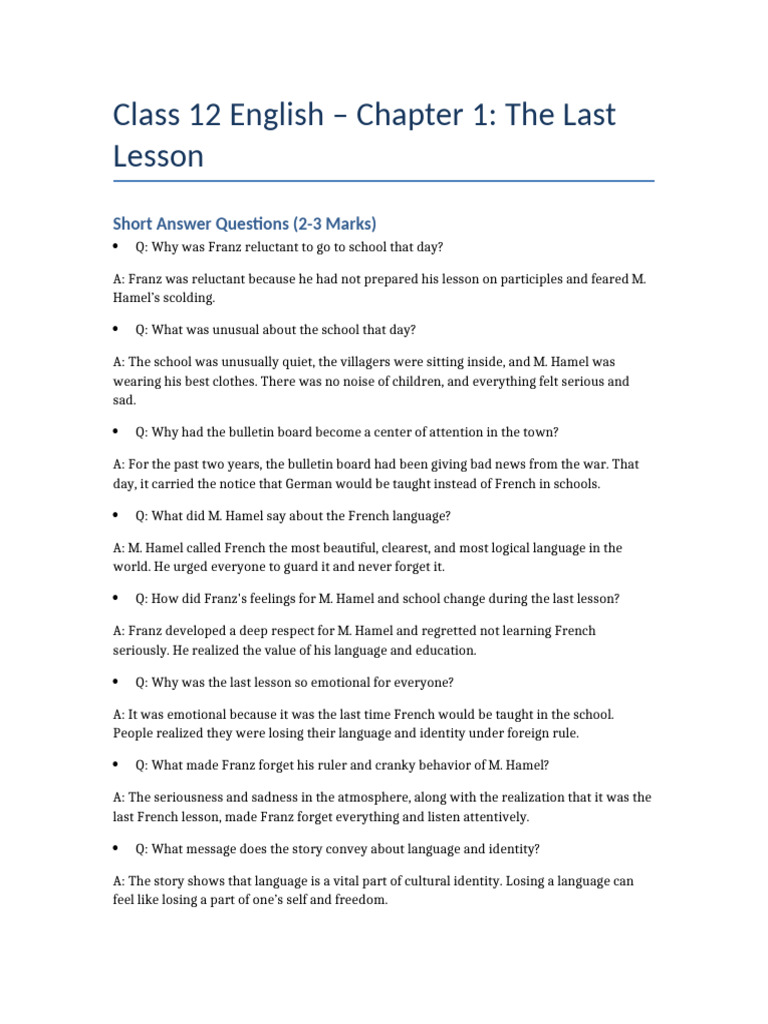 The Last Lesson Important QA Class12 | PDF | Social Psychology | Psychology