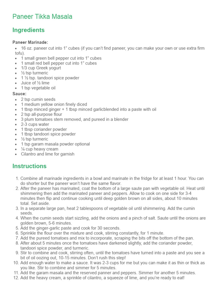 Paneer Tikka Masala | PDF