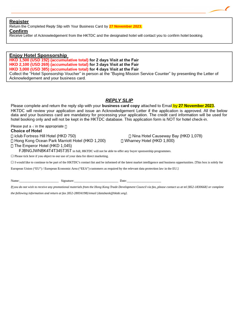Hotel Sponsorship Reply Slip Instructions | PDF