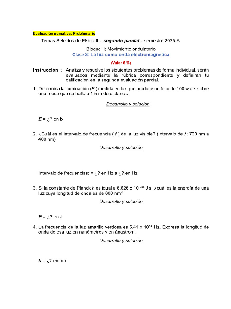 Eval Sumativa - Clases 3 - Segundo Parcial 2025-A - T.S.Física II - Problemario - 2 | PDF ...