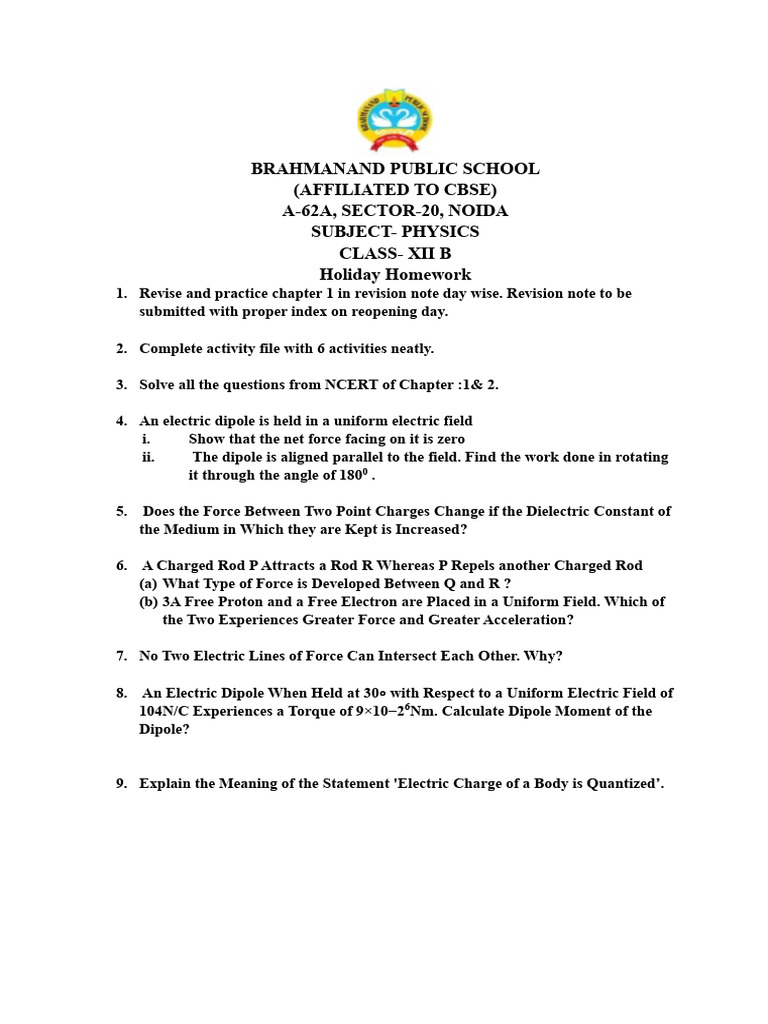 XII B Physics Holiday H.W. 2025-26 | PDF