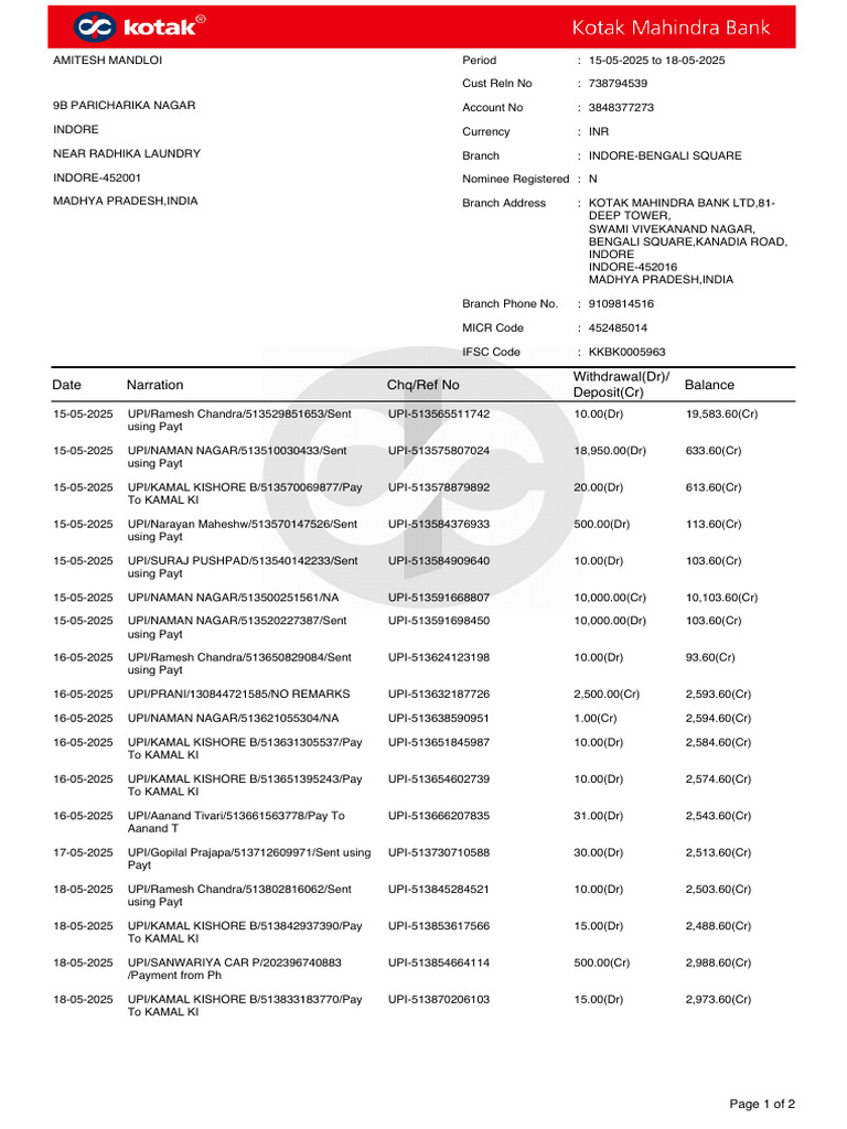 Kotak Mahindra Bank Statement Summary | PDF