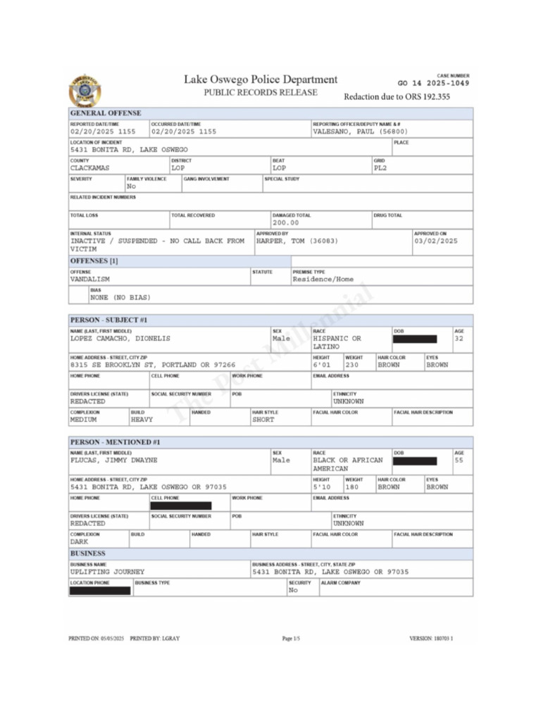 Lake Oswego Police Report 2 | PDF