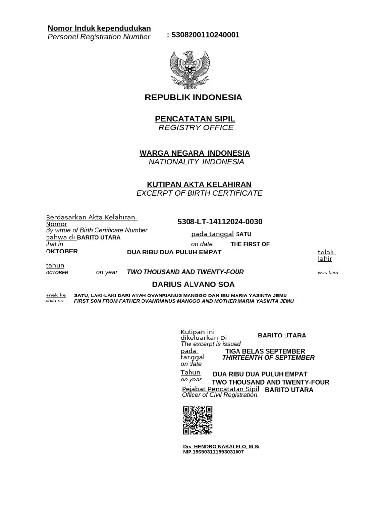 Akta Kelahiran Darius Alvano Soa | PDF