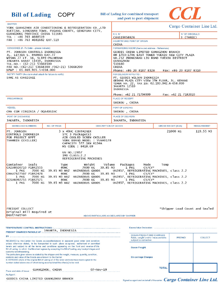 Bill of Lading CCL Cargo Container Line CANS19058826 | PDF | Cargo ...