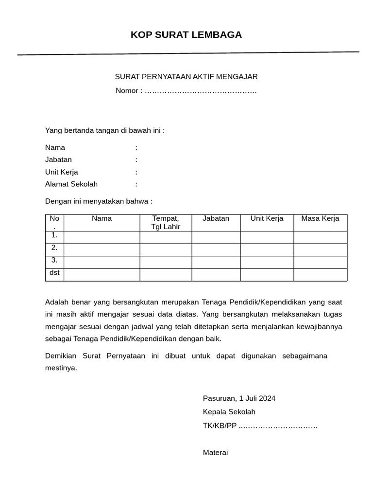 Surat Pernyataan Honor Paud 2025 | PDF