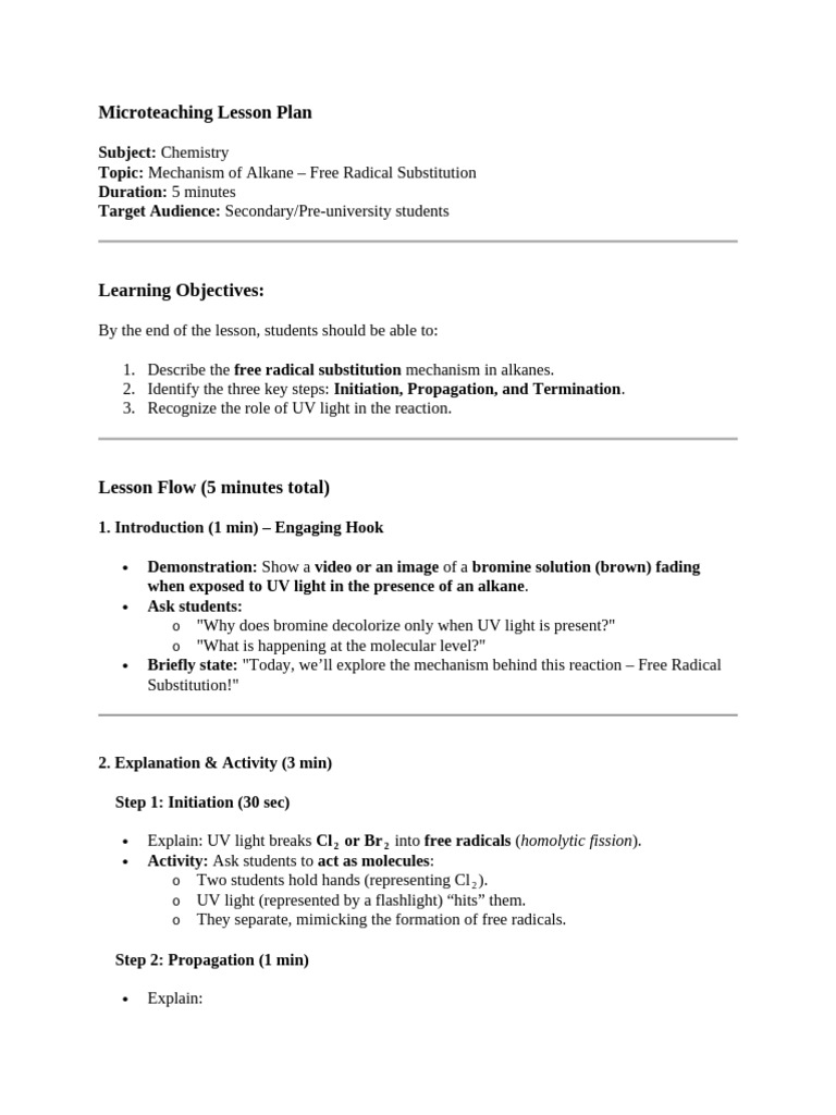 Microteaching Lesson Plan | PDF | Radical (Chemistry) | Chemical Reactions