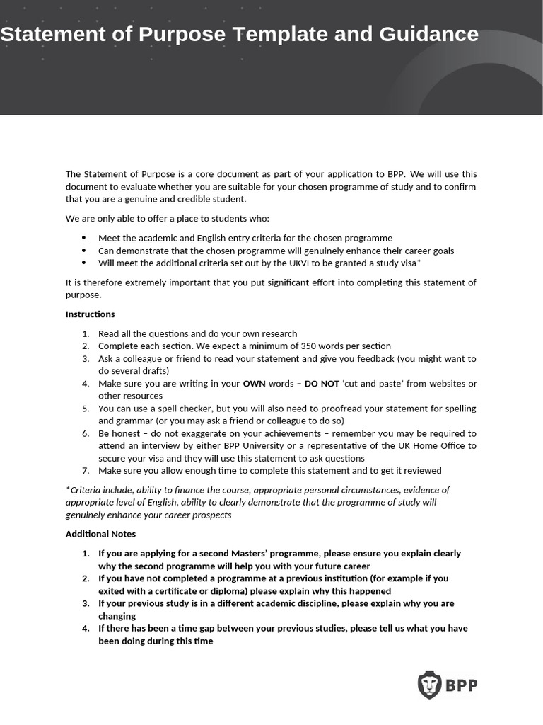 BPP - SOP Guidance & Template - Fillable Text | PDF | Cost Of Living ...