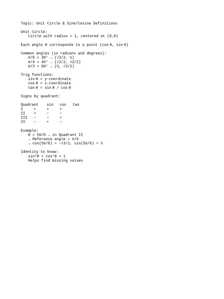 Trigonometry Class Notes - Unit Circle & Trig Identities | PDF