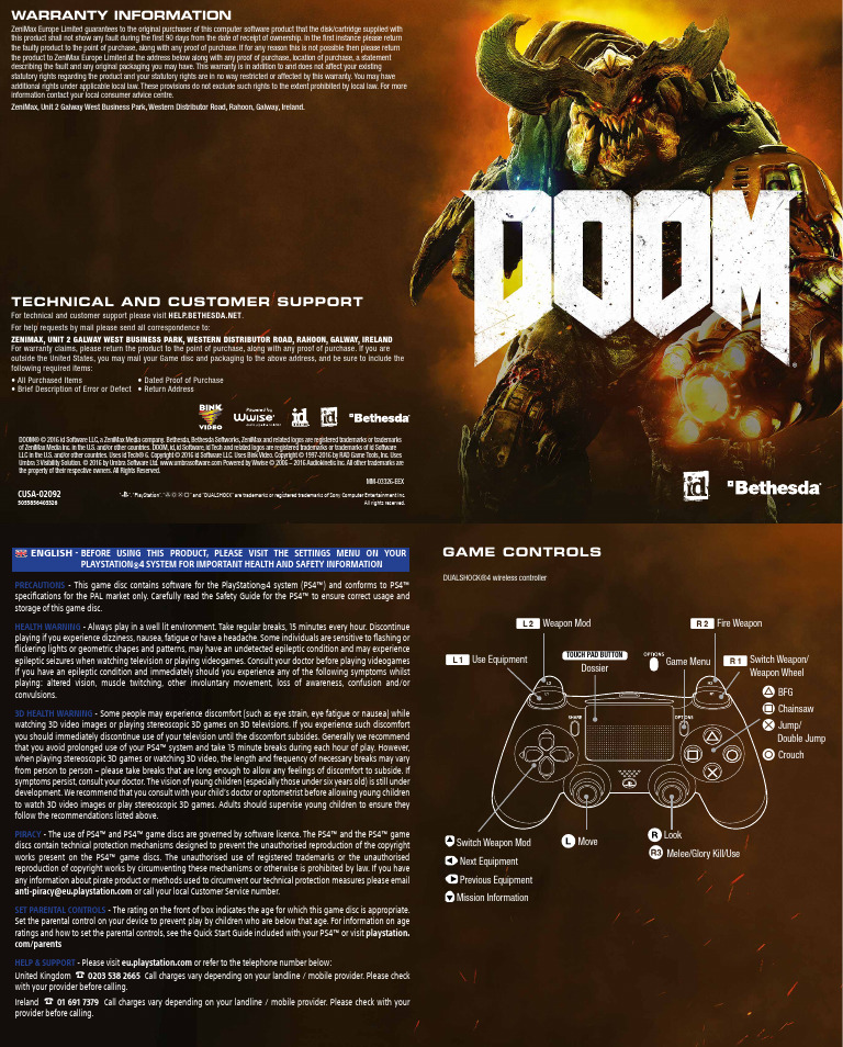 DOOM PS4 Controls and Safety Guide | PDF