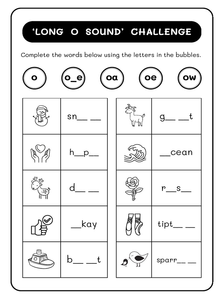 English Long o Sound Worksheet in Black and White Lined Style .PDF | PDF