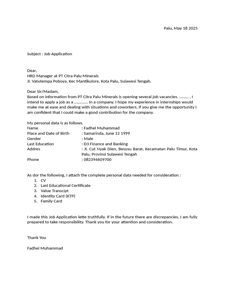 Surat Lamaran Fadhel Muhammad | PDF