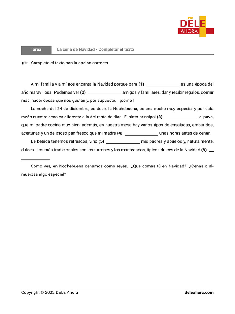 Cena de Navidad: Completa el Texto | PDF
