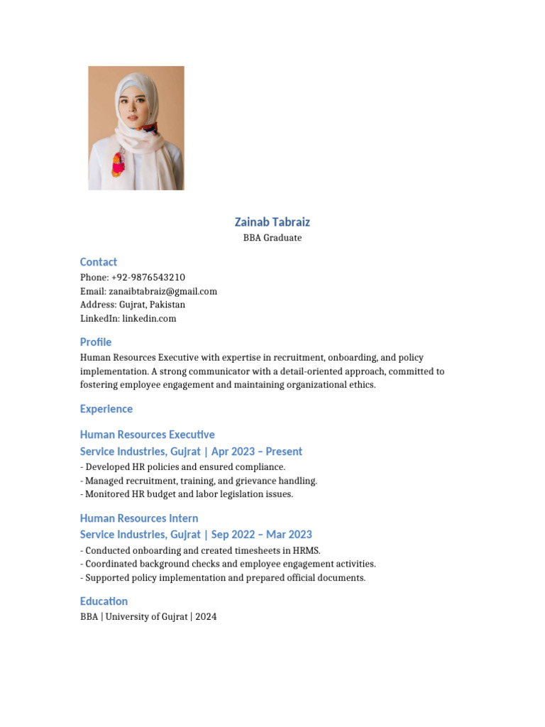 Zainab Tabraiz Resume With Picture | PDF
