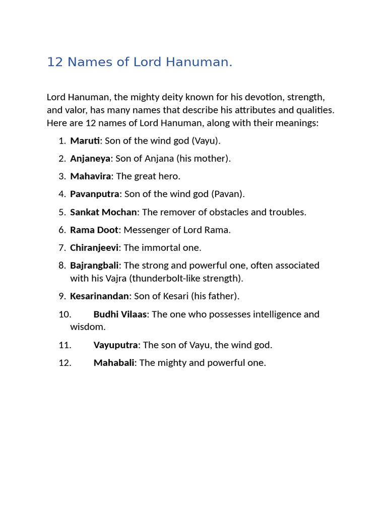 12 Names of Lord Hanuman Explained | PDF