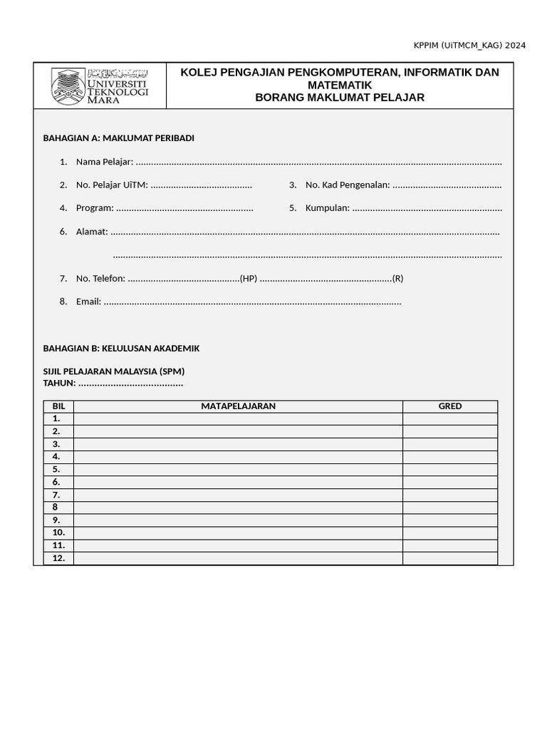 Borang Maklumat Pelajar - MAT112 - MARCH-JULY2024 | PDF