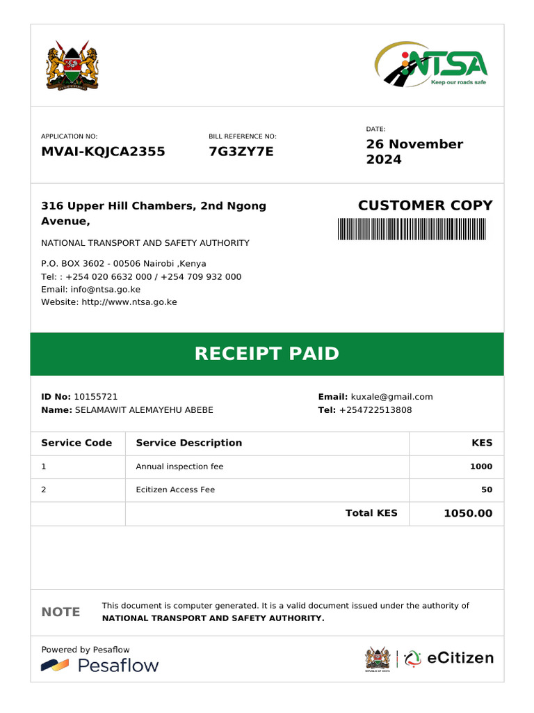 INSPECTION RECEIPT KCW060H MVAI-KQJCA2355 | PDF | Written Communication