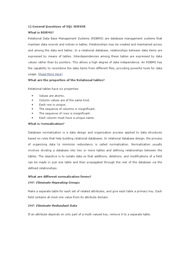 1) General Questions of SQL SERVER What Is RDBMS?: Read More Here | PDF | Microsoft Sql Server ...