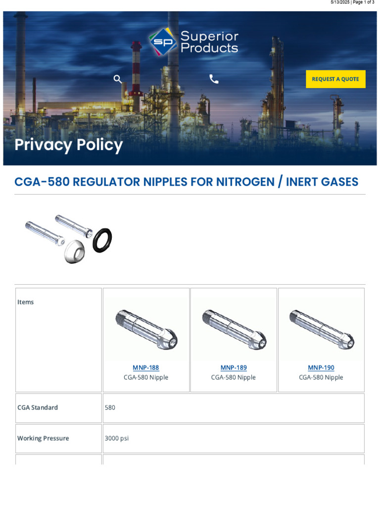 CGA 580RegulatorNipplesforNitrogenInertGases 1 | PDF