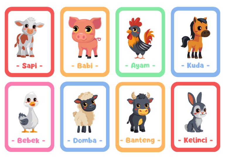 Colorful Cartoon Farm Animal Flash Cards Printable | PDF