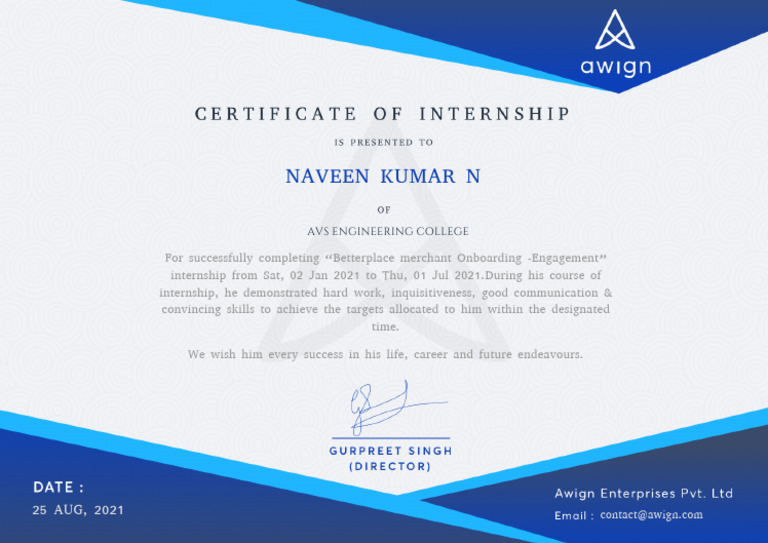 SAMPLE Internship Certificate Awign | PDF