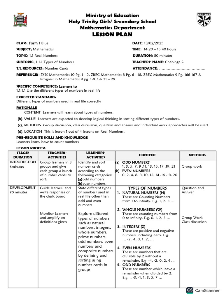 Form 1 Math Lesson Plan: Real Numbers | PDF | Integer | Prime Number