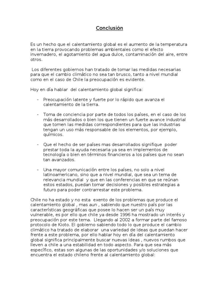Conclusion Calentamiento Global | PDF | Calentamiento global | Cambio ...