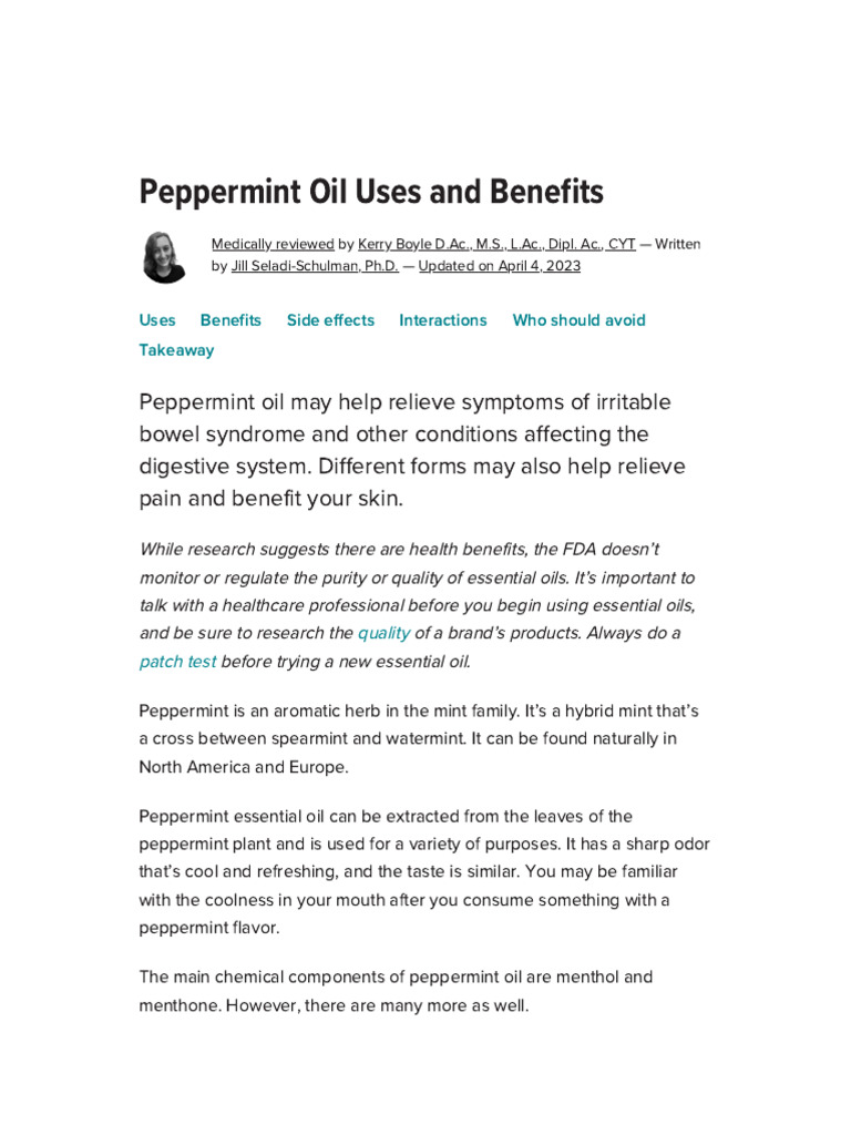 Peppermint Oil - Uses, Benefits, and Side Effects | PDF | Indigestion ...