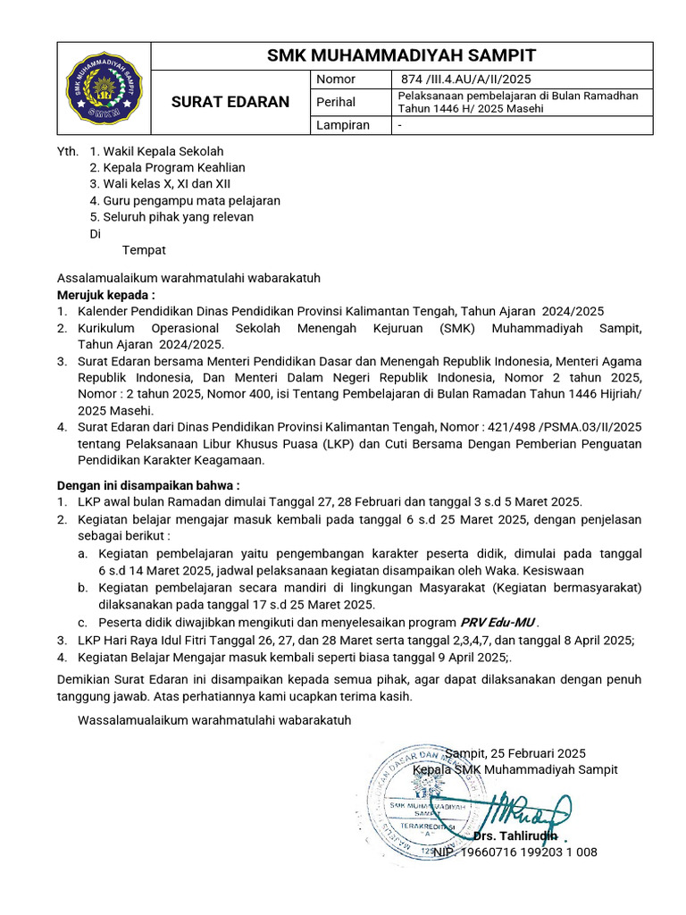 2025 - Edaran Pelaksanaan Pembelajaran Di Bulan Ramadhan | PDF