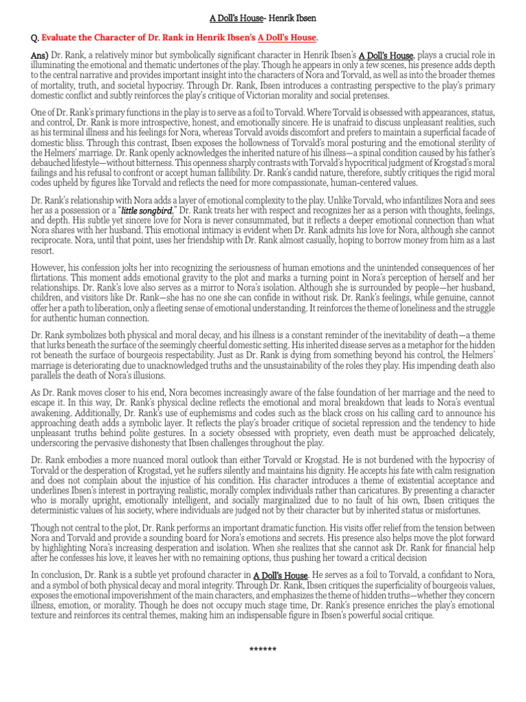 Evaluate The Character of Dr. Rank in Henrik Ibsen's A Doll's House. | PDF | A Doll's House