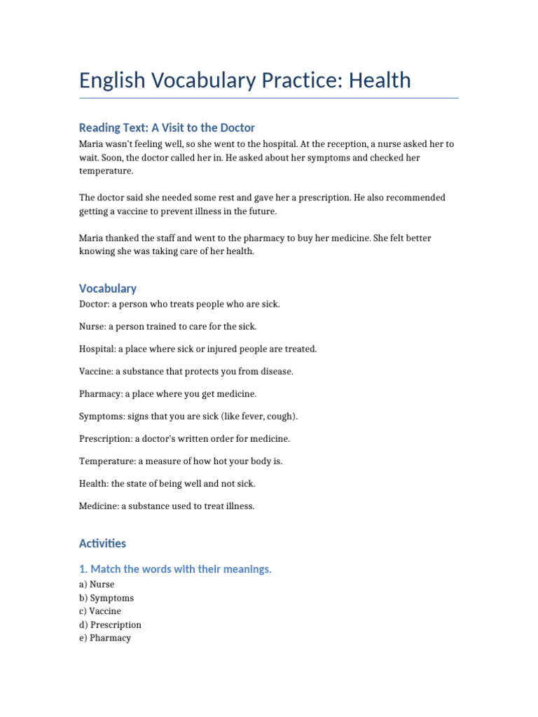Health Vocabulary Activity | PDF