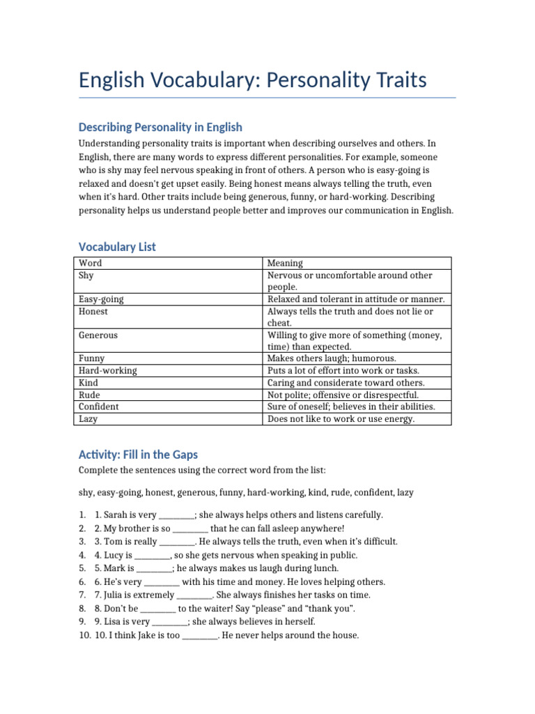 Personality Vocabulary Activity | PDF