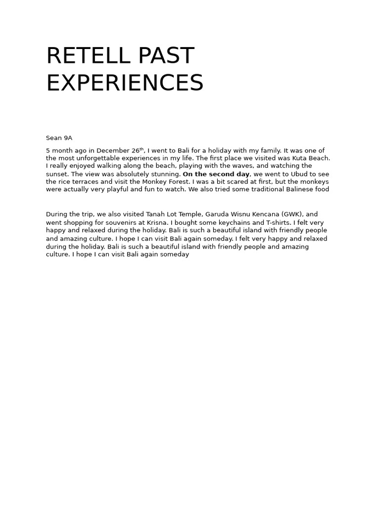 RETELL PAST EXPERIENCES Sean 9A | PDF