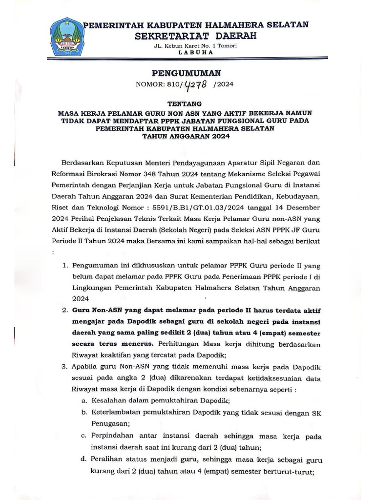 V5C Pengumuman Tentang P3K Guru Dapodik Bermasalah Pemkab Halsel Ta 2024 | PDF