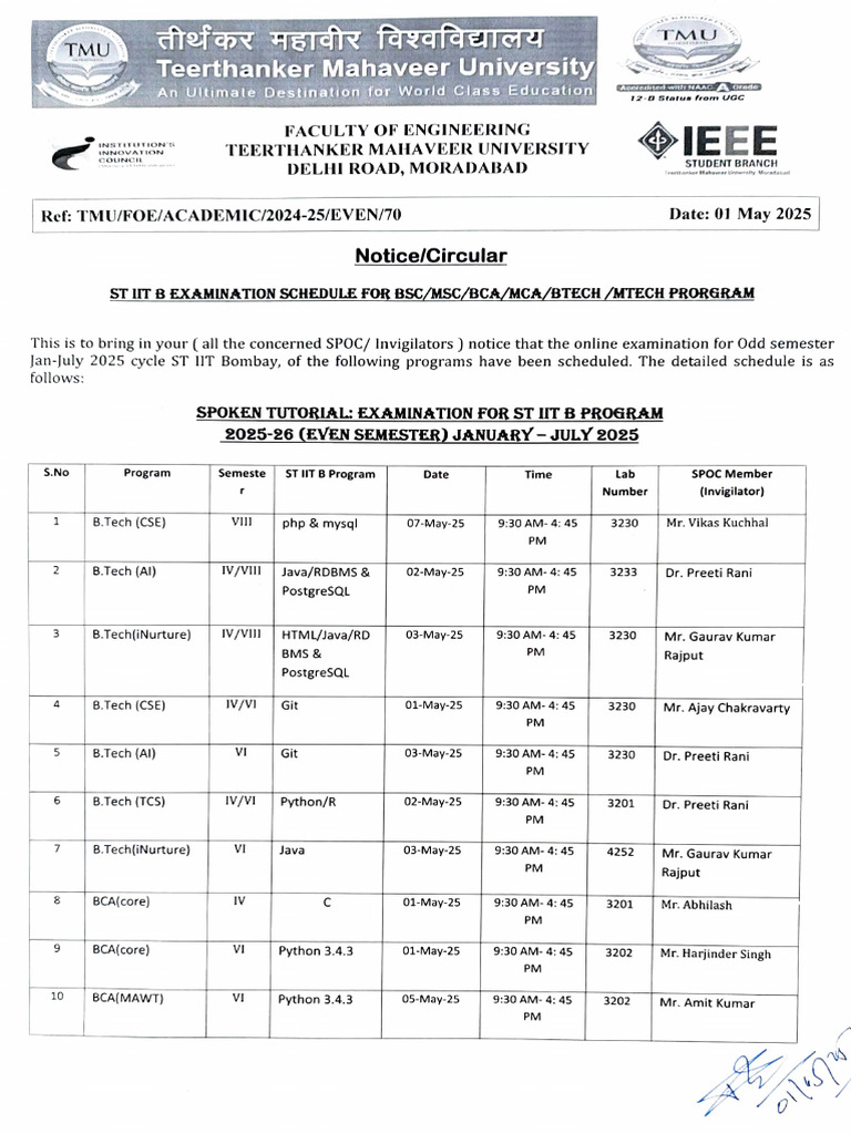Notice-70-ST IIT B Examination Schedule For BSC, MSC, BCA, MCA, BTECH, MTECH Program | PDF