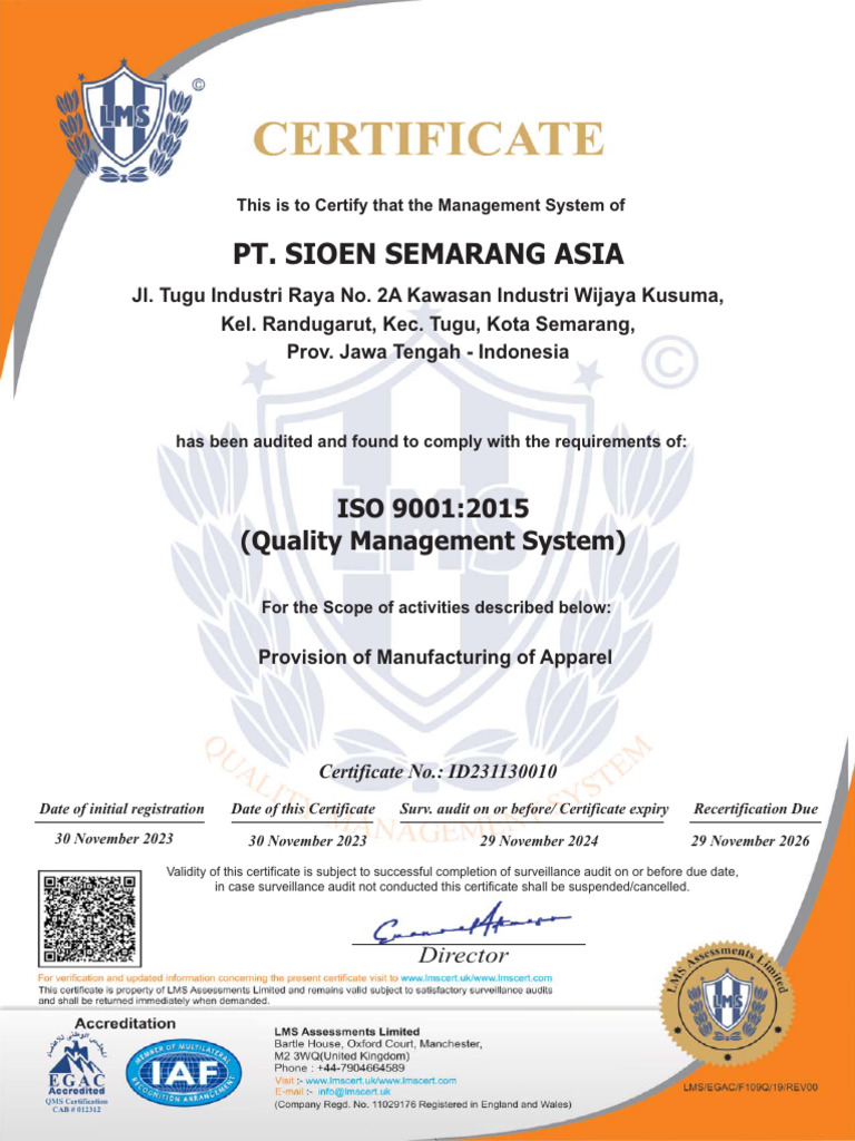 Iso 9001 PT Sioen Semarang Asia | PDF