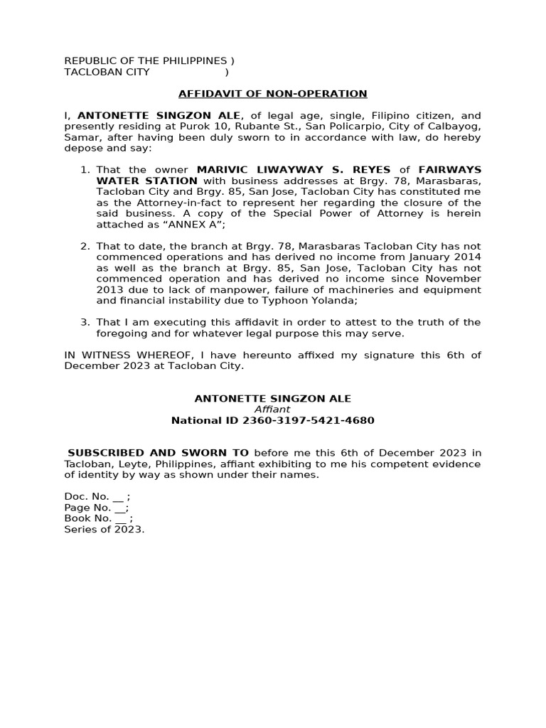 Affidavit of Non-Operation for Water Station | PDF