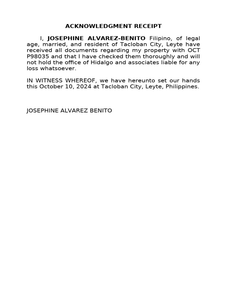 Acknowledgment Receipt of Property Documents | PDF