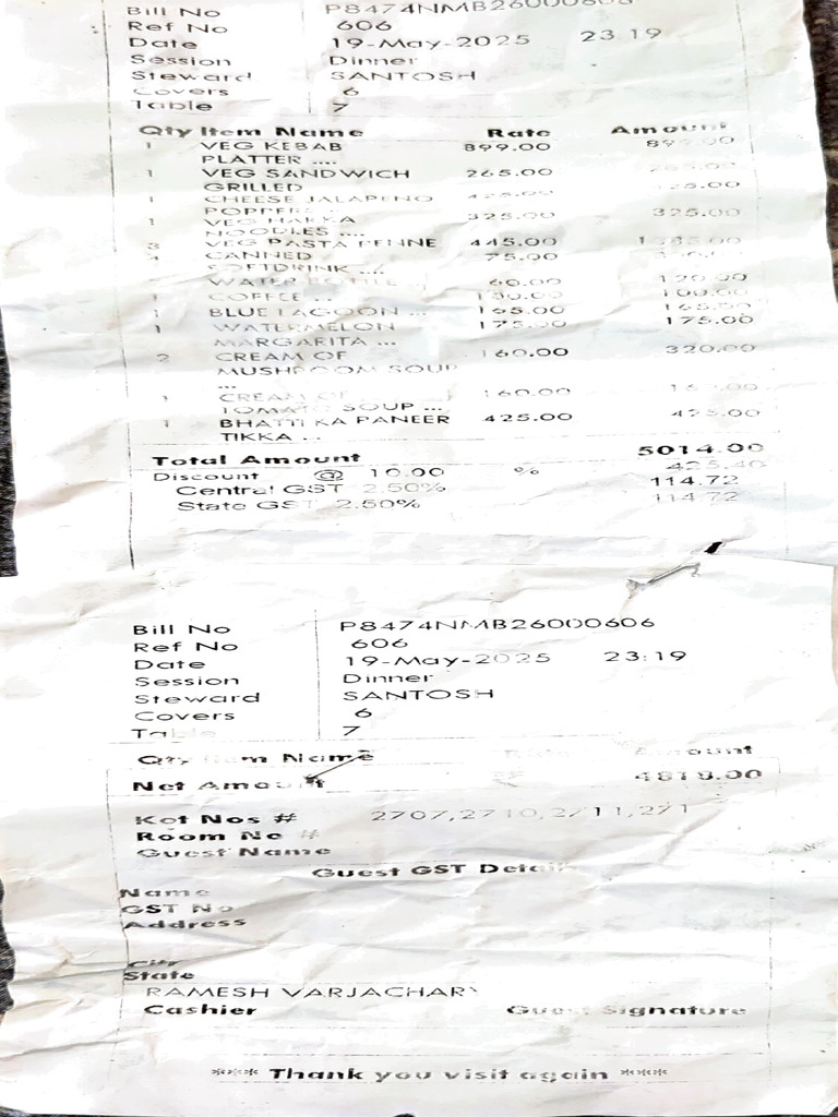 2025 Veg Restaurant Bill Summary | PDF
