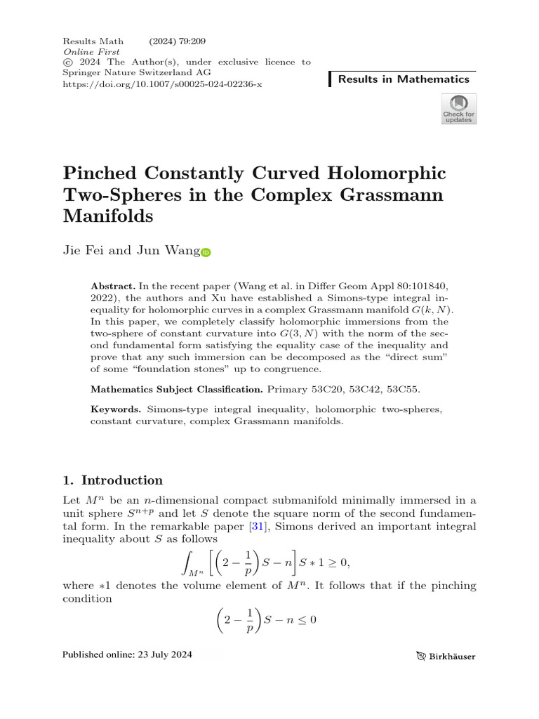 Pinched Constantly Curved Holomorphic Two-Spheres in the Complex Grassmann Manifolds | PDF ...