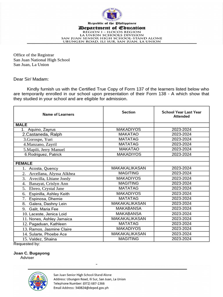 Form 137 Request Letter | PDF | Philippines